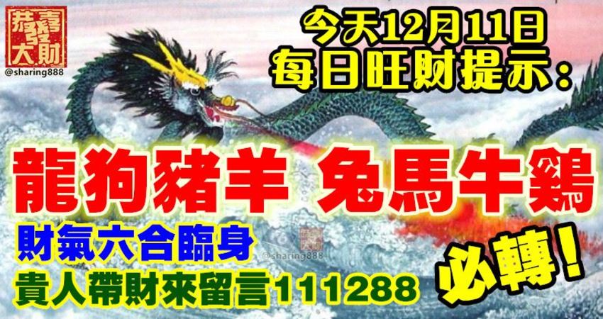 今天12月11日,每日旺財提示：龍狗豬羊，兔馬牛雞。財氣六合臨身！貴人帶財來留言111288必轉！ - sb123 | FUN01 創作分享